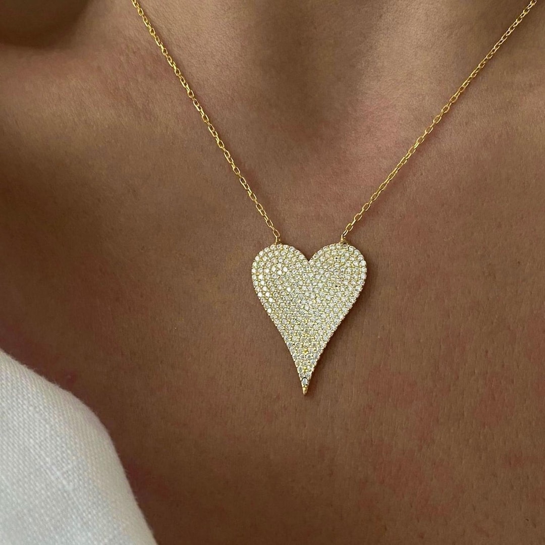 Pave Heart Necklace, Elongated Heart Necklace Mom, Pave Diamond Heart ...