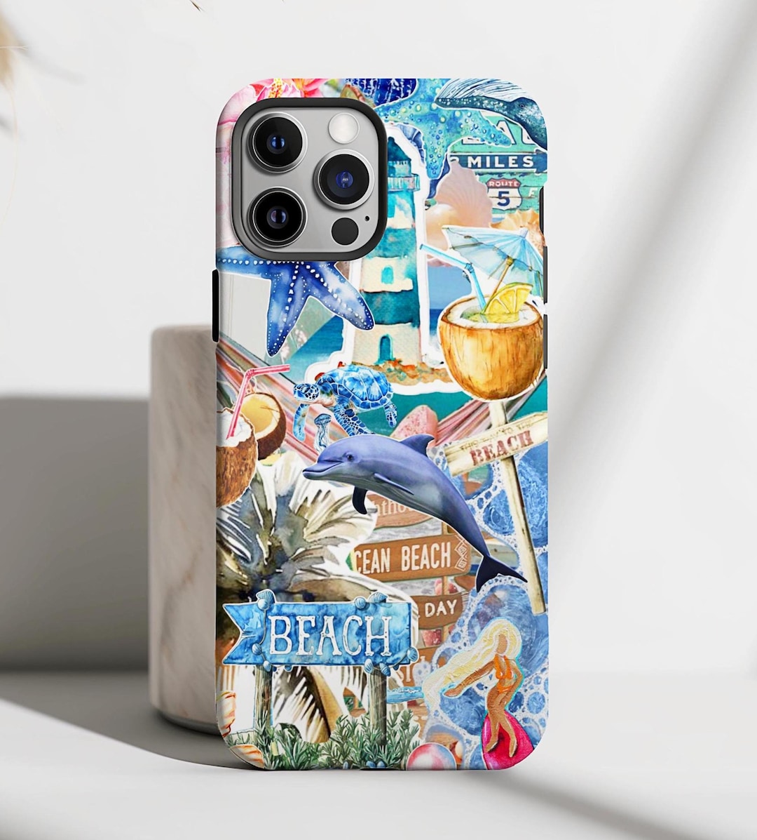 Beach Collage Phone Case - Dolphin, Lighthouse, Starfish & Tropical ...