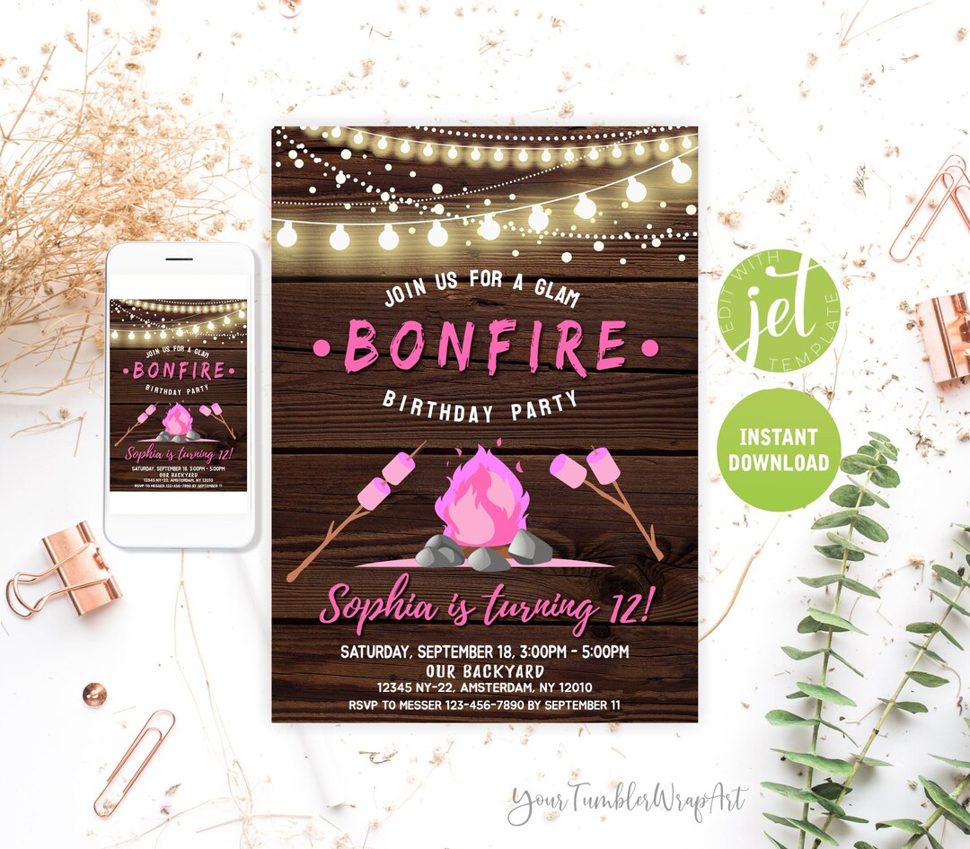 Backyard Bonfire Girl Birthday Invitation Pink, Bonfire Evite Camping ...