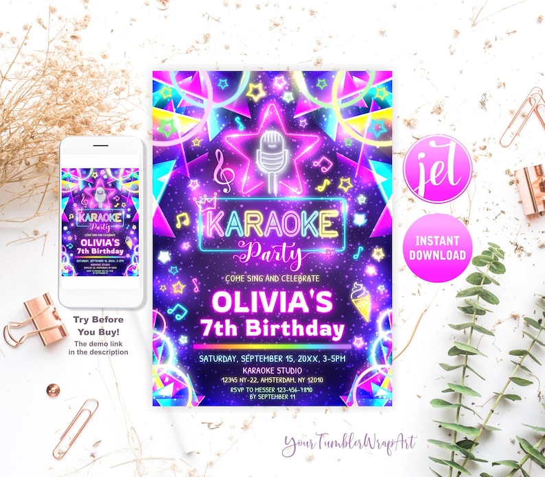 Karaoke Party Birthday Invitation, Glow Karaoke Girl Invite Pink Neon ...