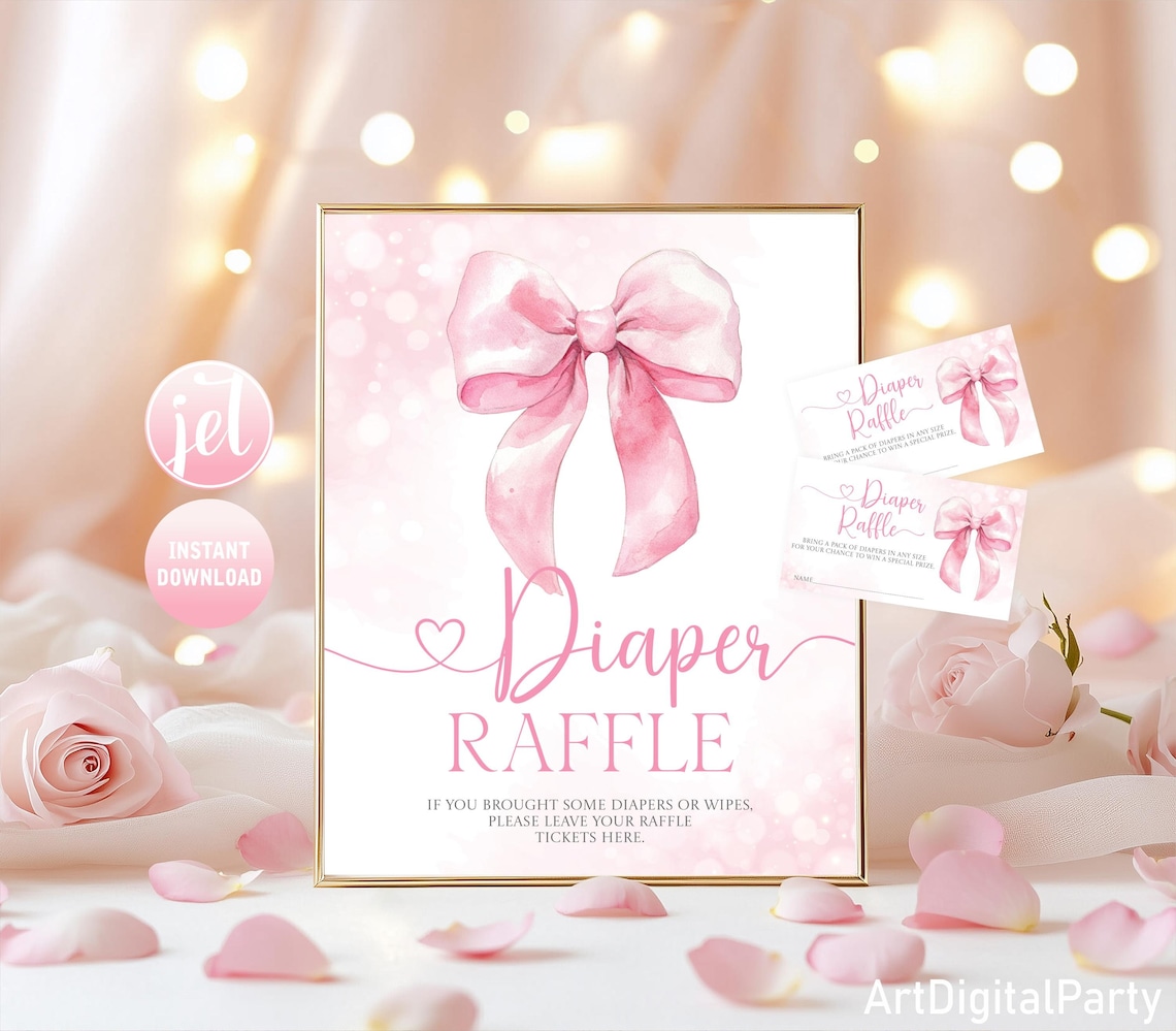 Editable Diaper Raffle Sign and Cards Pink Bow Bow Girl Baby Shower ...
