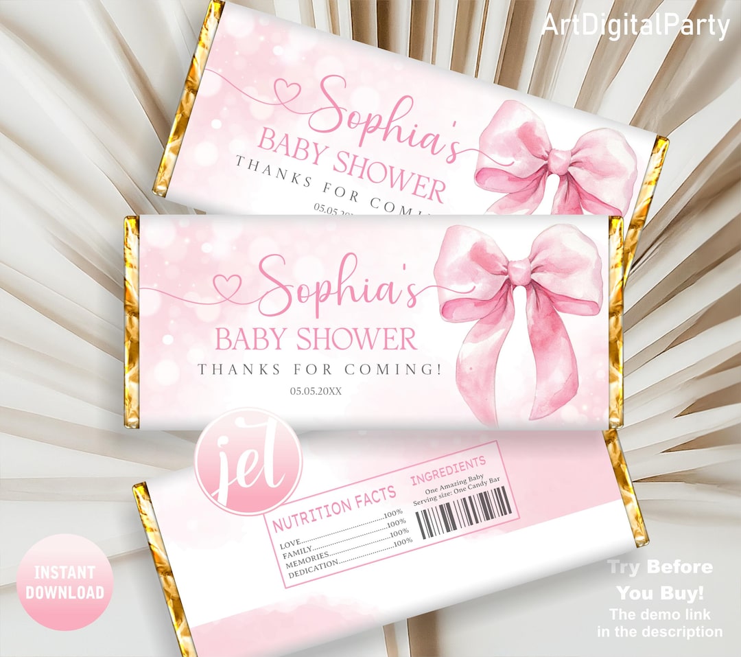 Editable Pink Bow Chocolate Bar Wrapper Template, Coquette Bow Girl ...