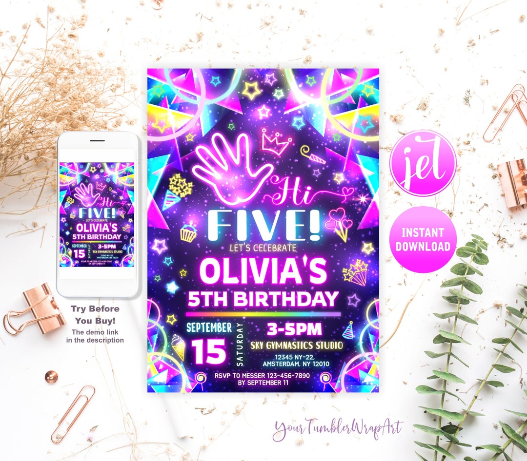 Editable Hi Five Birthday Invitation, Rainbow Hi Five 5th Birthday Glow ...