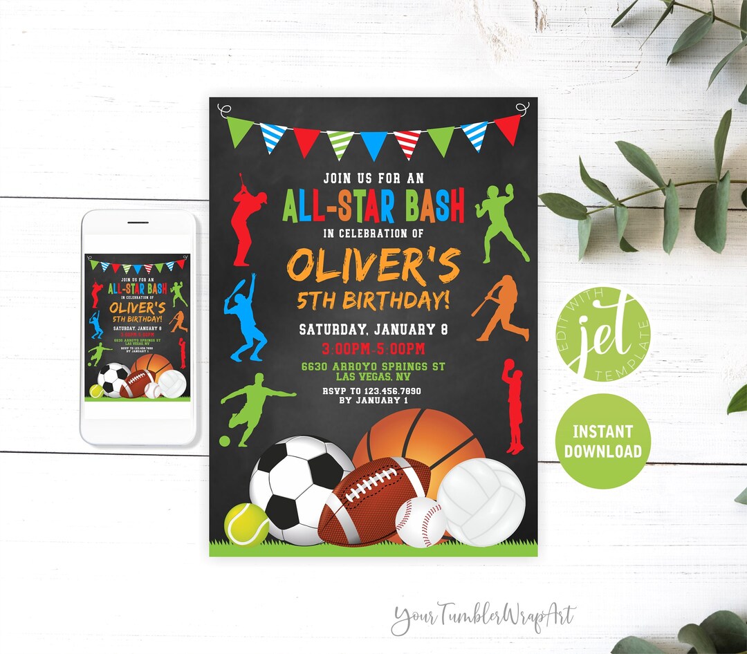 Editable Sports Invitation, All Star Sports Birthday Invitation, Any ...