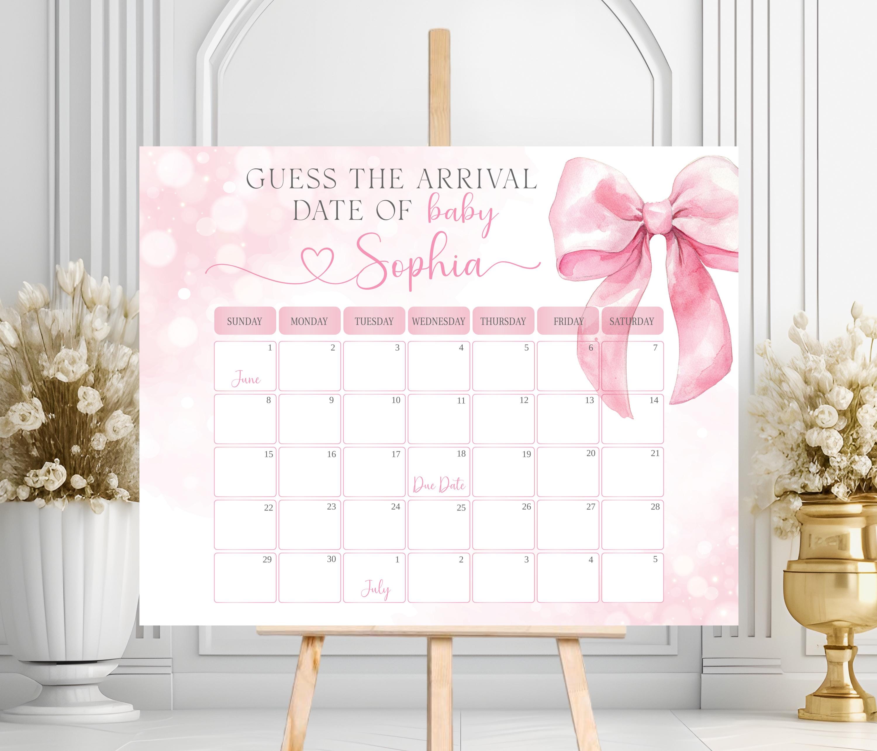 Pink Bow Due Date Calendar Sign, Bow Due Date Poster Calendar Girl Baby ...