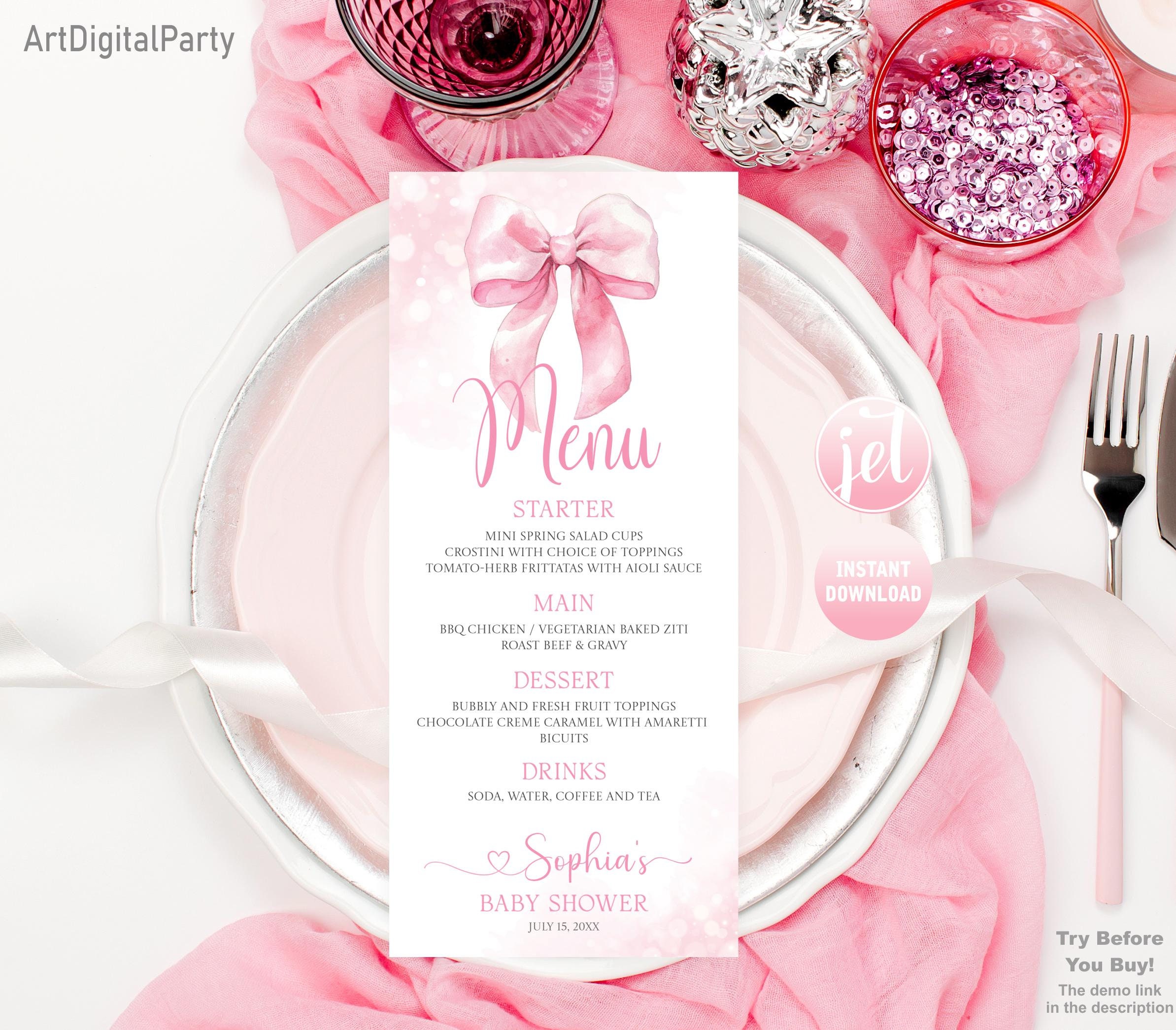 Editable Pink Bow Menu Cards Baby Shower Party Brunch, Dinner, Coquette ...