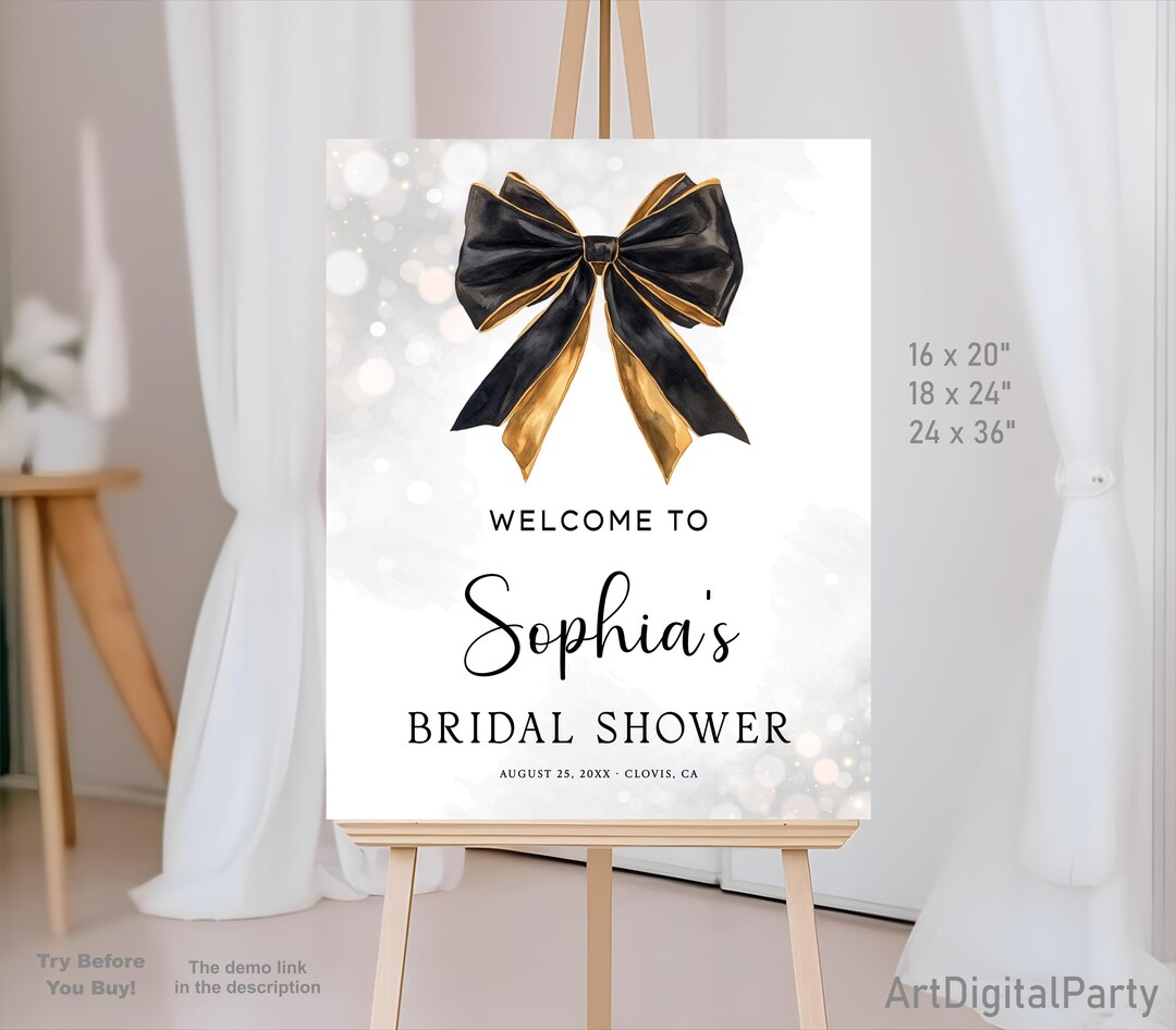 Editable Black Gold Bow Bridal Shower Sign Poster, Coquette Bow Black ...