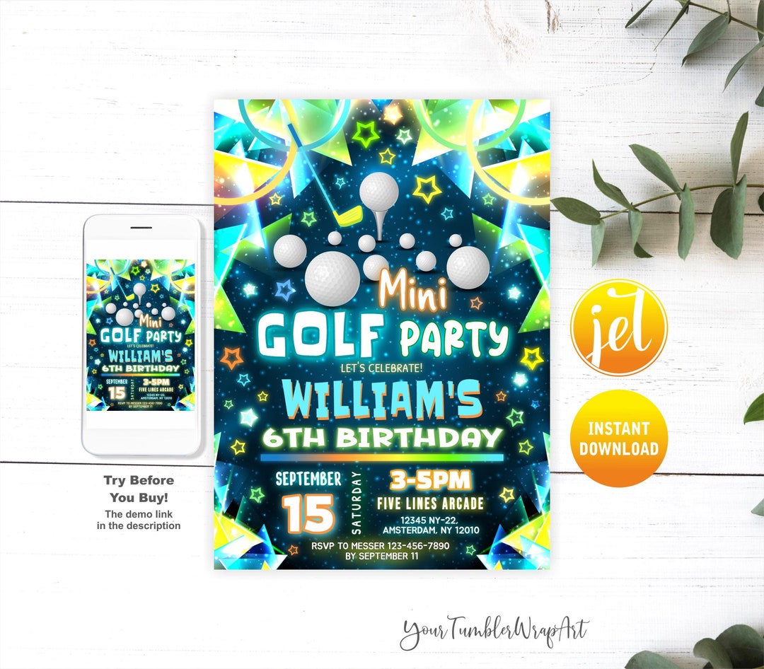 Mini Golf Boy Birthday Invitation, Glow Boy Invite Pink Neon, Editable ...