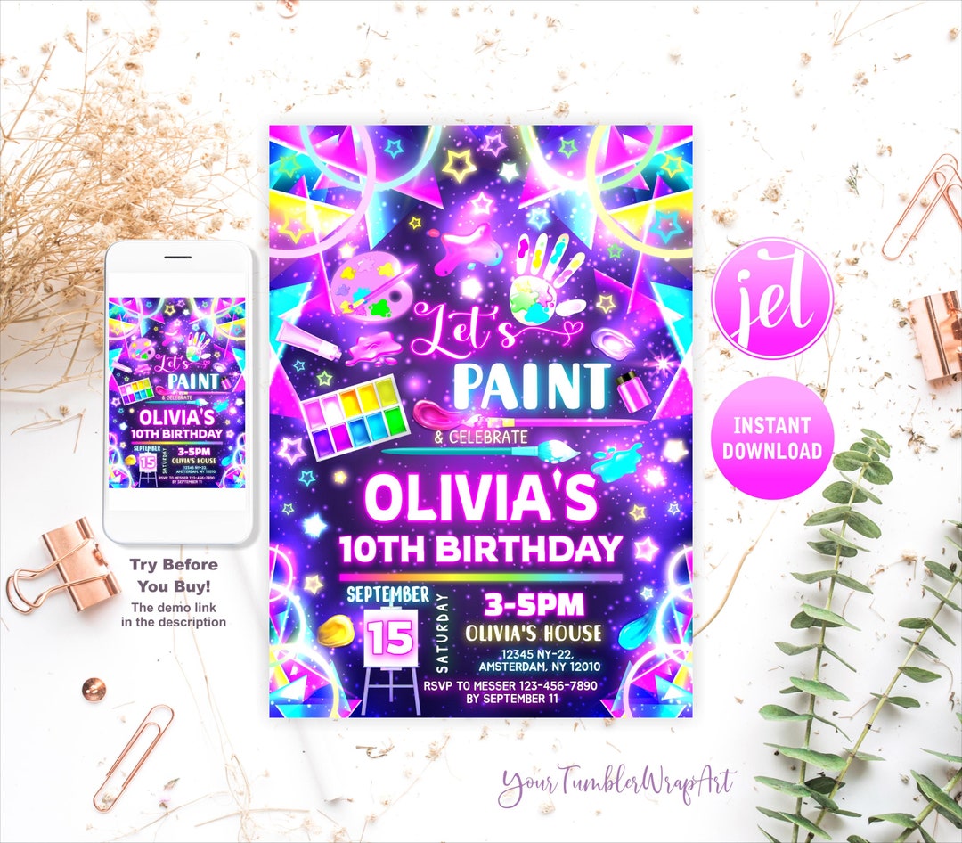 Paint Party Birthday Invitation, Girl Birthday Invite, Glow Neon Art ...