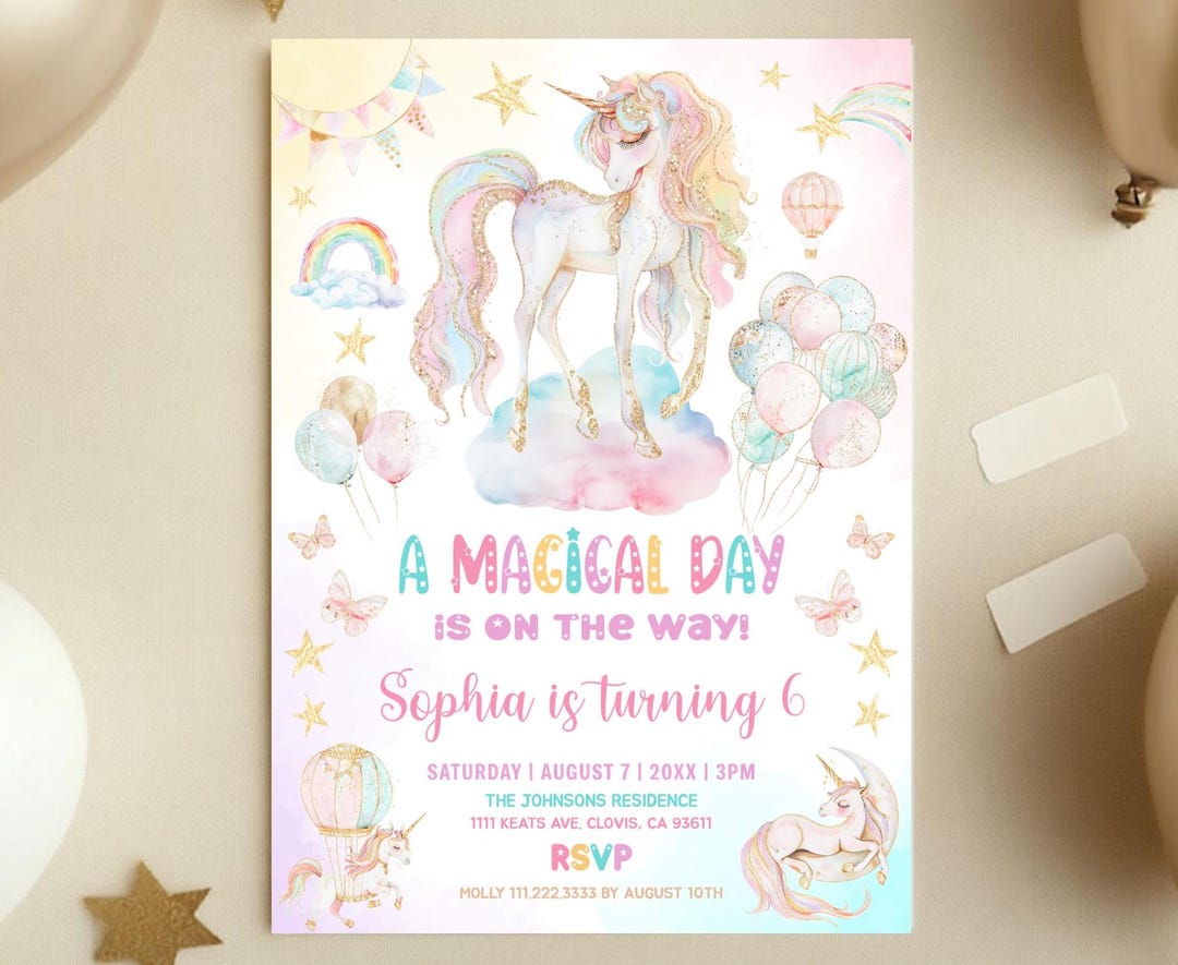 Editable Unicorn 6th Birthday Invitation, Rainbow Template, Magical Day ...