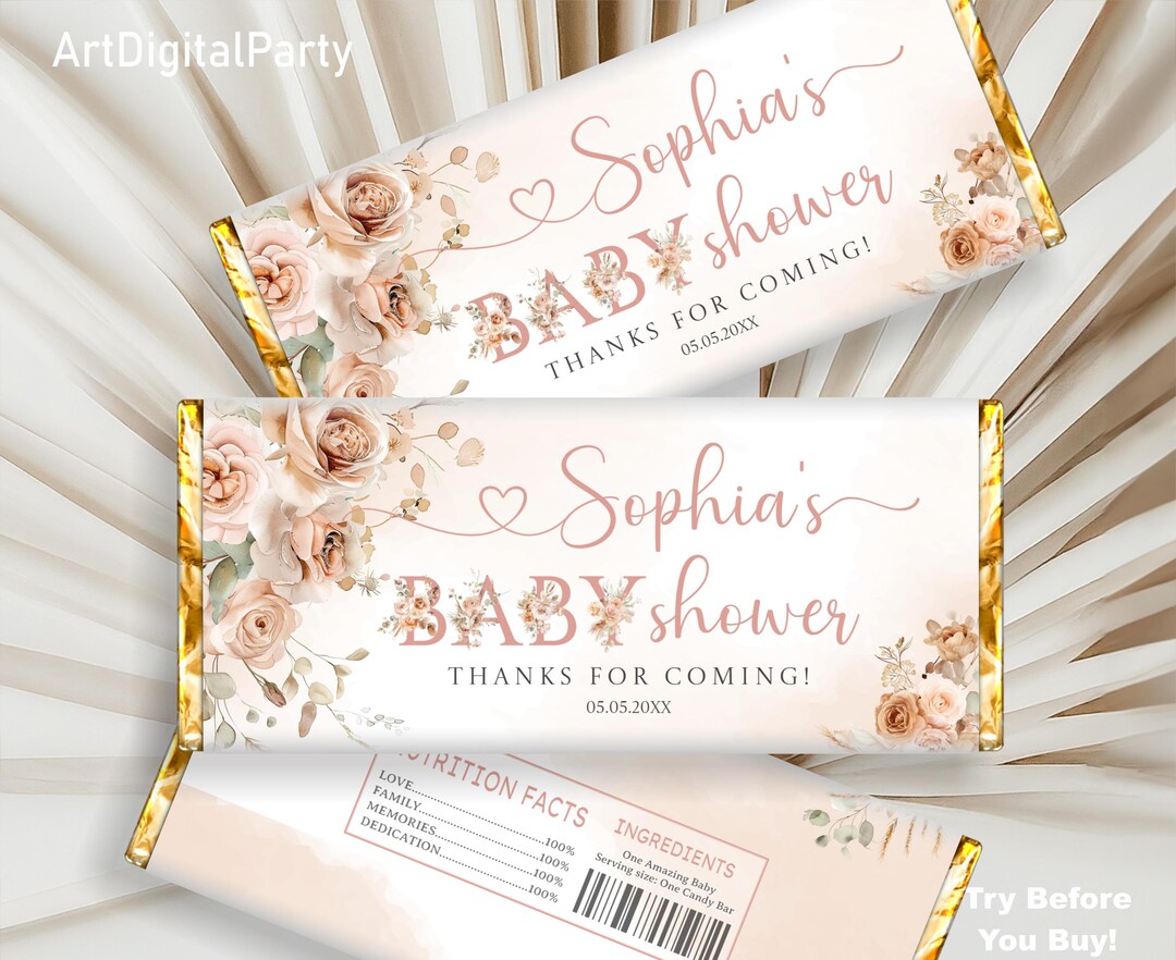 Editable Boho Girl Chocolate Bar Wrapper Template, Pampas Grass Boho ...