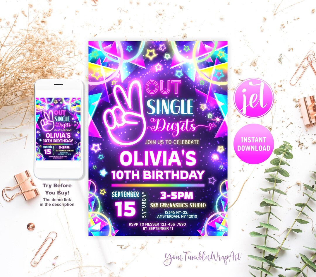 Editable Peace Out Single Digits Birthday Invitation, Girl Birthday ...