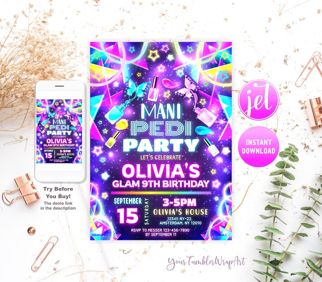 Mani Pedi Party Invitation, Girl Birthday Invite, Glow Neon Spa Party ...