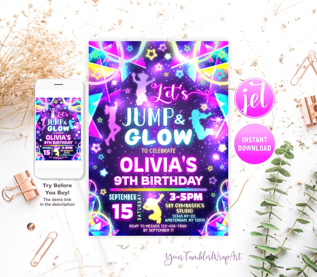 Editable Jump Party Birthday Invitation Rainbow Glow Trampoline Party ...