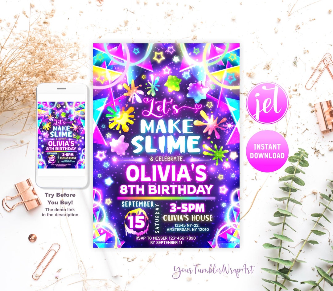 Slime Birthday Invitation, Girl Birthday Invite, Glow Neon Slime Invite ...