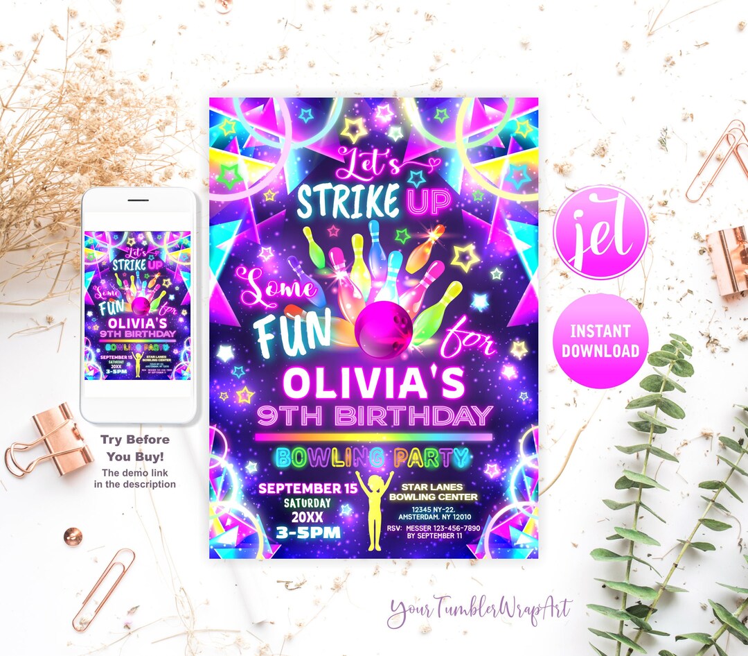 Bowling Birthday Party Invitation, Girl Bowling Party Invite Pink Neon ...