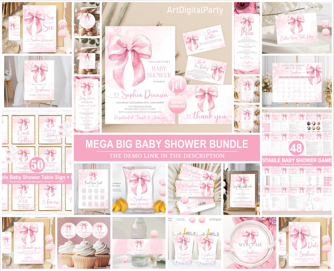 Editable Pink Bow Bundle Baby Shower Invitation, Bundle Baby Girl Baby ...