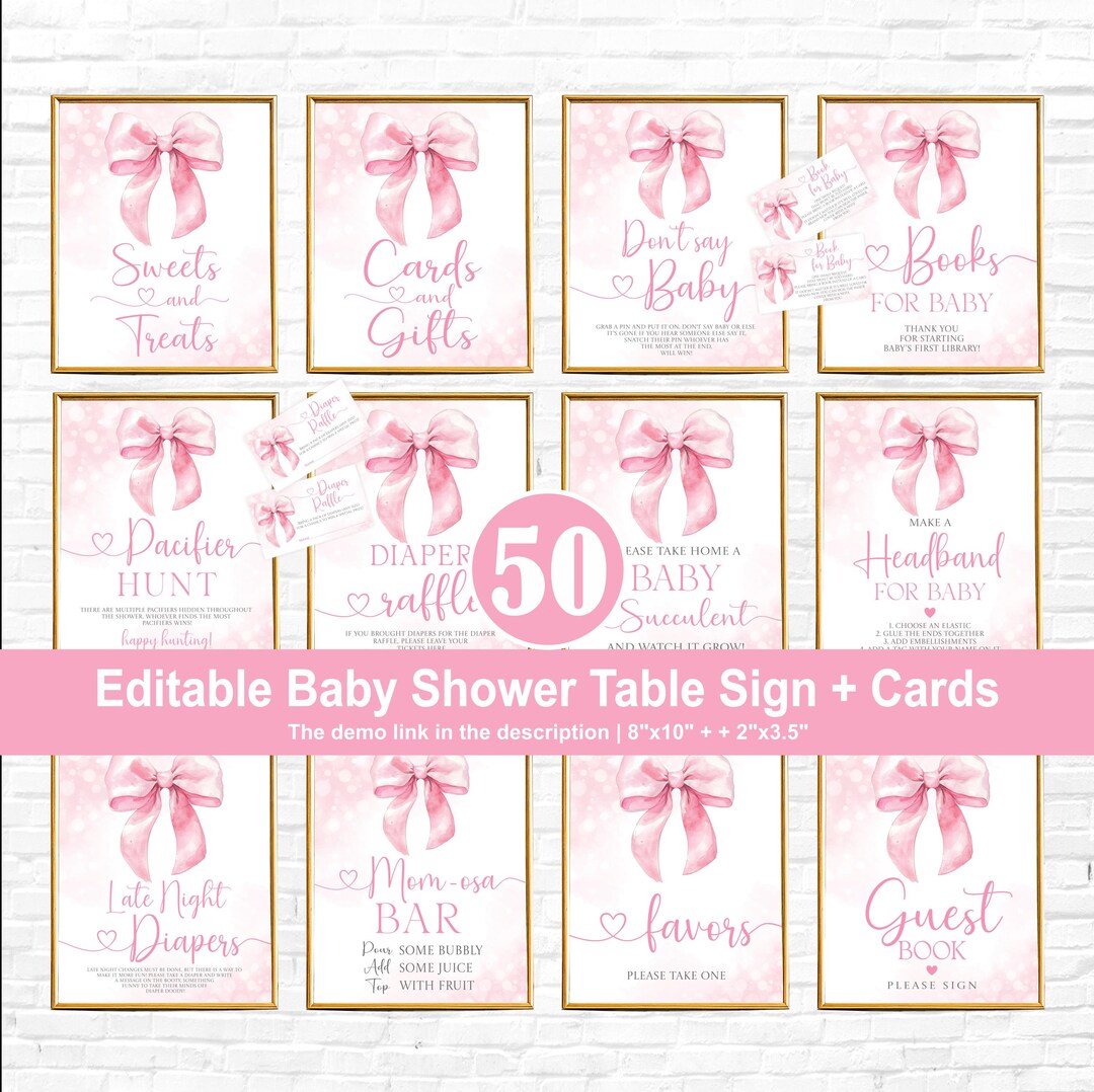 Editable Pink Bow Baby Shower Signs Bundle Baby Shower Signs Bundle Bow ...