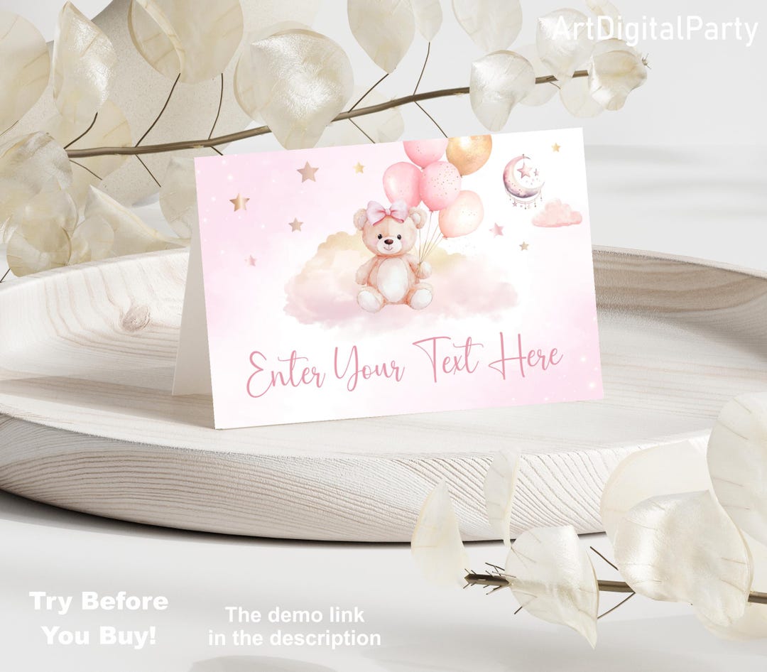 Printable Pink Bear Balloon Baby Shower Food Labels Bear Girl Elegant ...