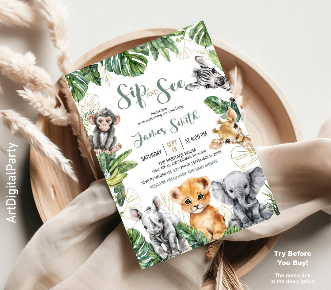 Editable Safari Animal Sip and See Baby Shower Invitation, Meet Our ...