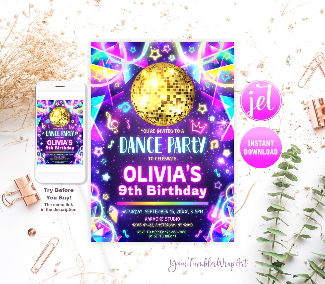 Editable Dance Party Birthday Invitation, Girl Birthday Invite, Disco ...