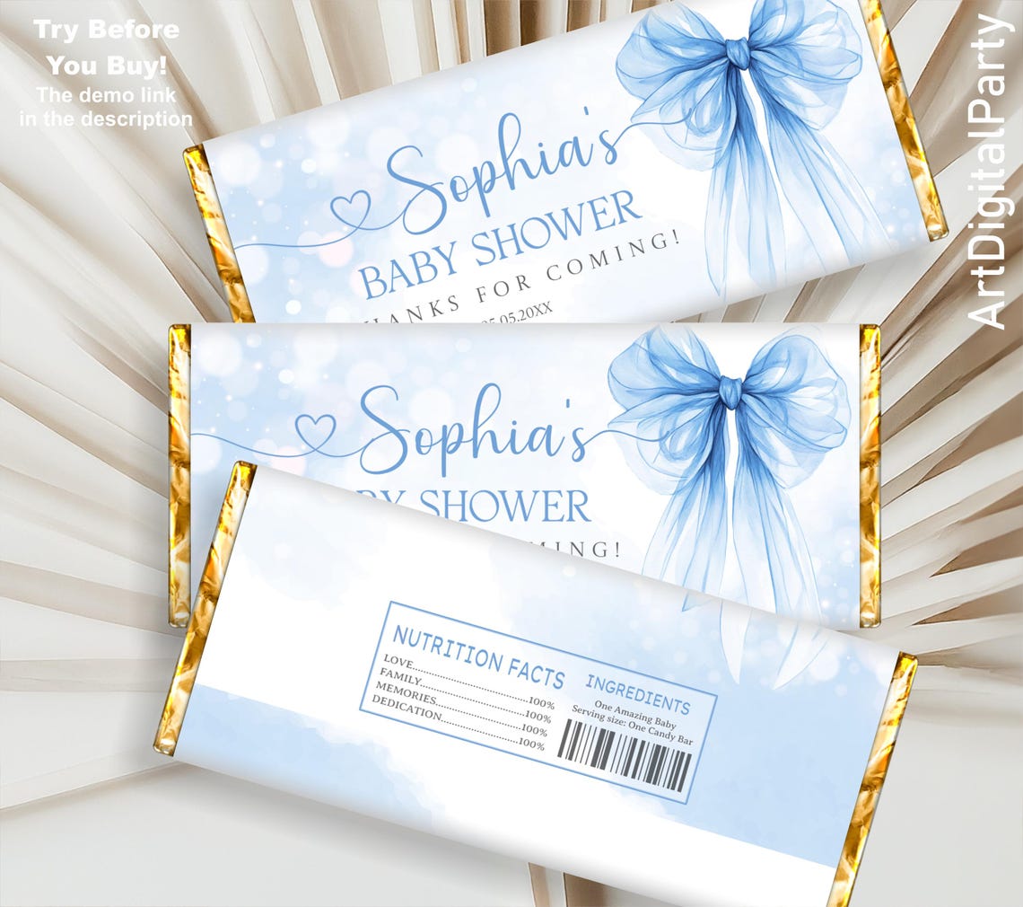 Editable Blue Bow Chocolate Bar Wrapper Template Coquette Bow Blue Boy ...