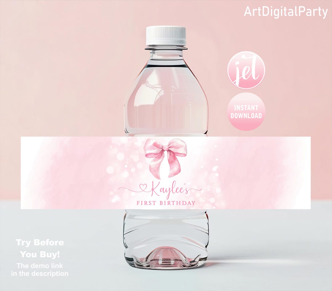 Editable Pink Bow Water Bottle Label 1st Birthday Water Bottle Label ...