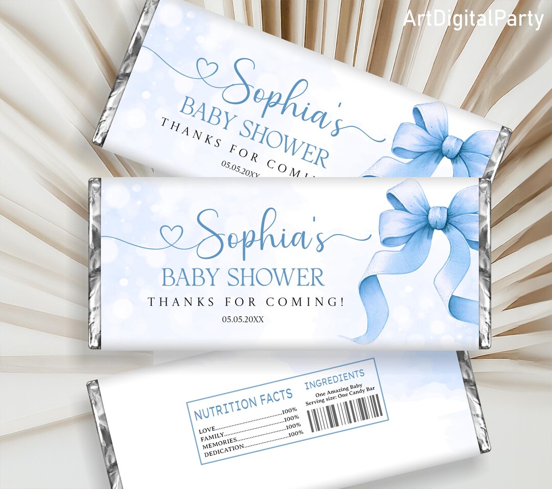 Editable Blue Bow Chocolate Bar Wrapper Template, Coquette Bow Blue Boy ...