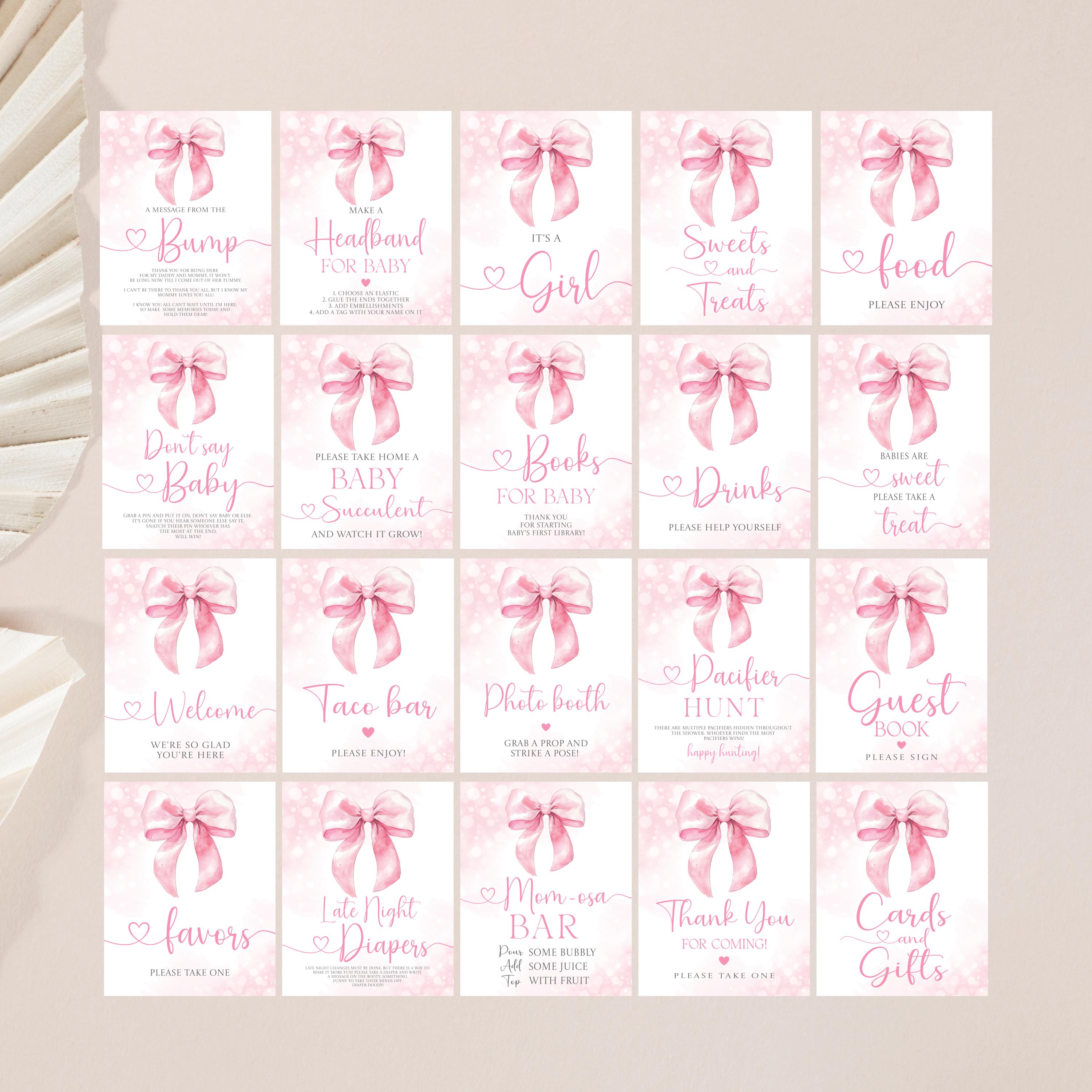Editable Pink Bow Baby Shower Signs Bundle Baby Shower Signs Bundle Bow ...