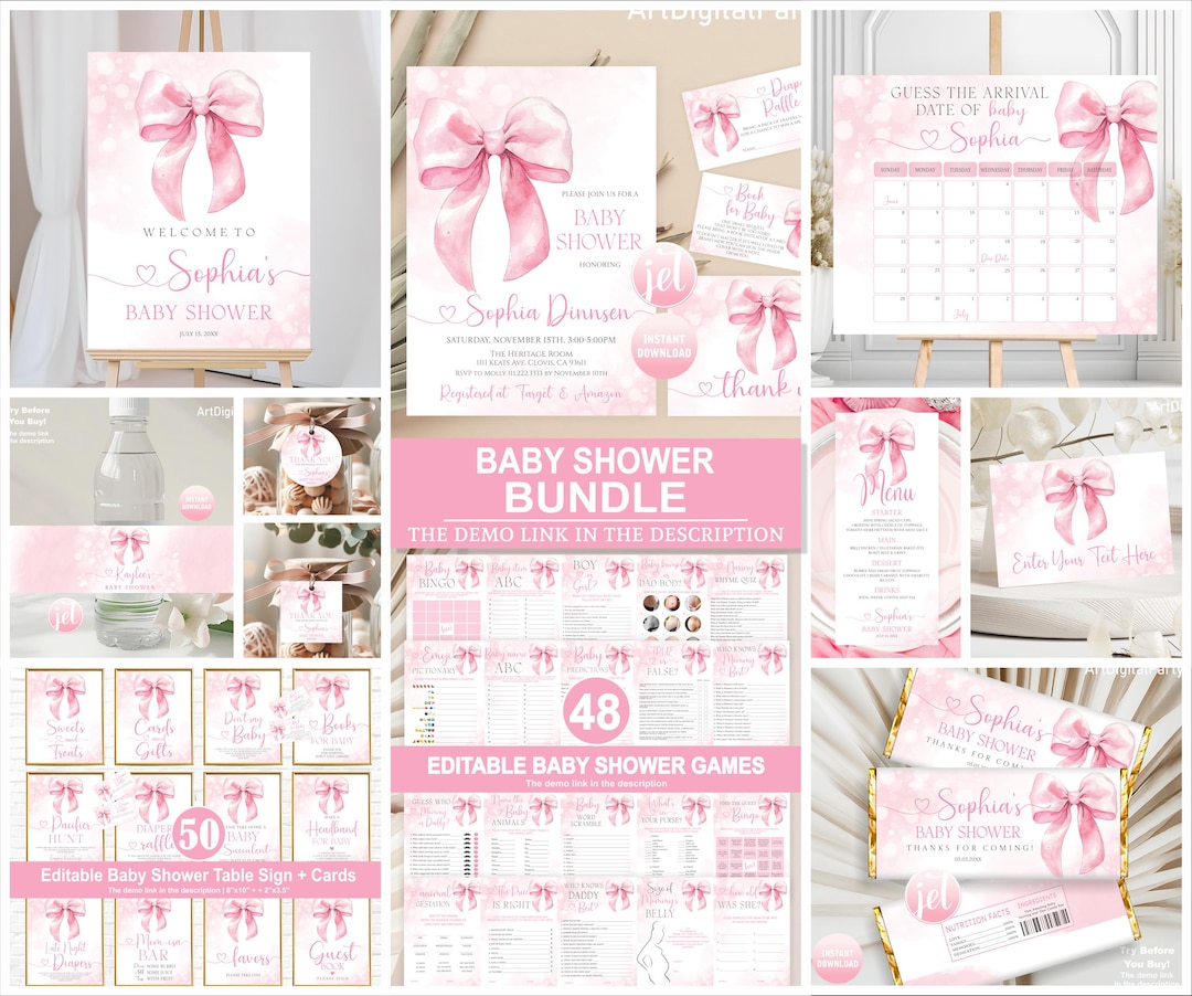 Editable Pink Bow Bundle Baby Shower Invitation, Bundle Baby Girl Baby ...