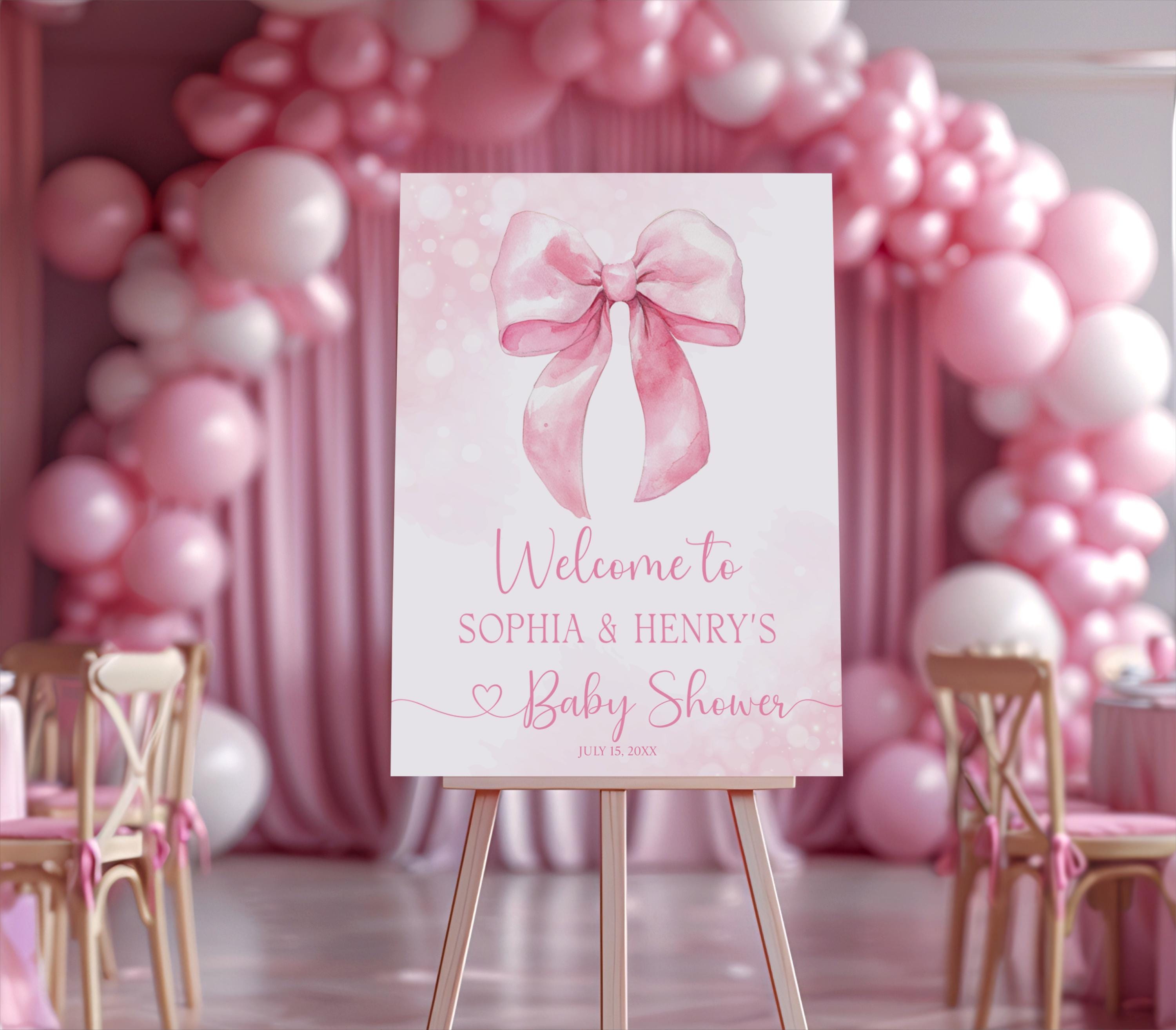 Editable Pink Bow Welcome Sign, Bow Welcome Sign Girl Baby Shower Poster, Coquette Bow Girl Baby ...