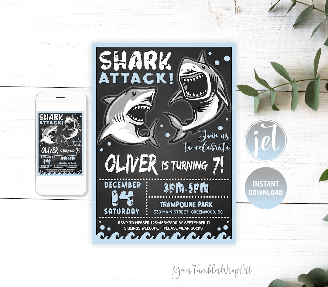 Editable Shark Attack Birthday Invitation, Pool Party Shark Invite Swim ...