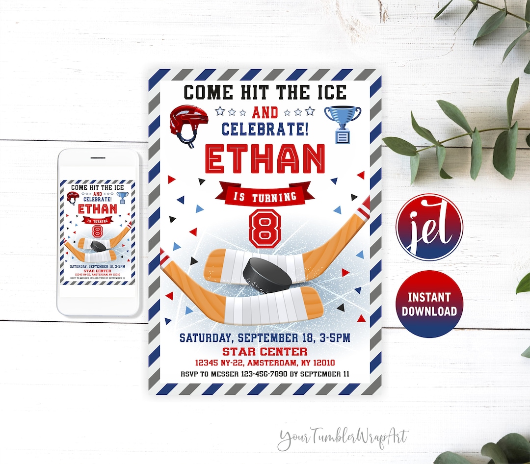 Hockey Boy Birthday Invitation, Ice Hockey Theme Party, Ice-skating ...