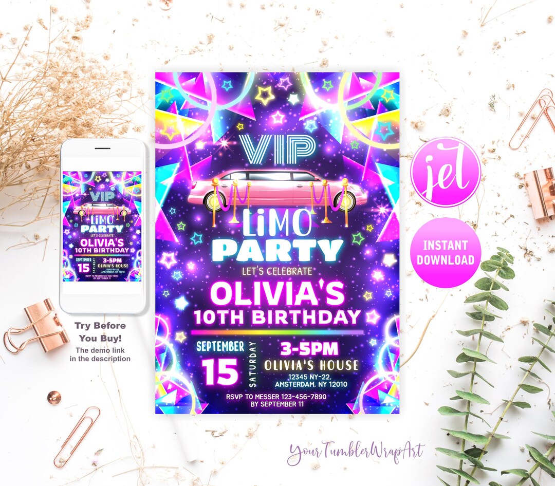 Limo Party Birthday Invitation, Girl VIP Limousine Birthday Invite ...