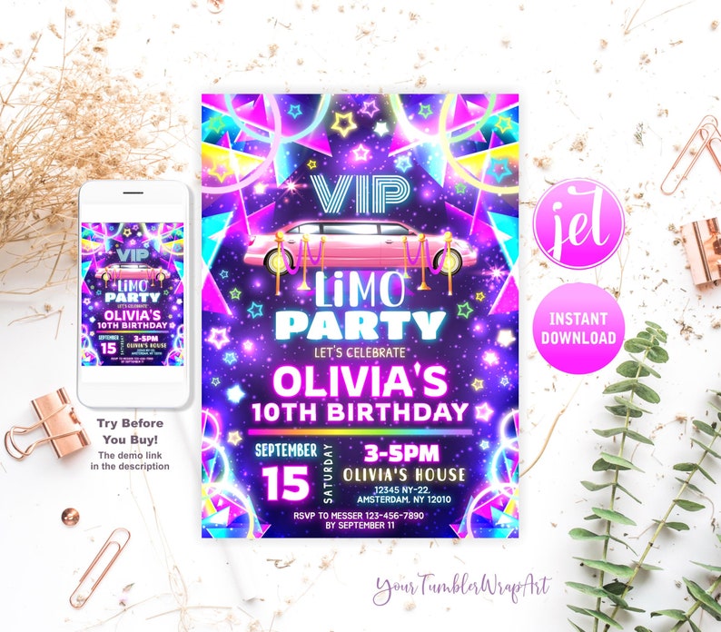 Limo Party Birthday Invitation, Girl VIP Limousine Birthday Invite ...