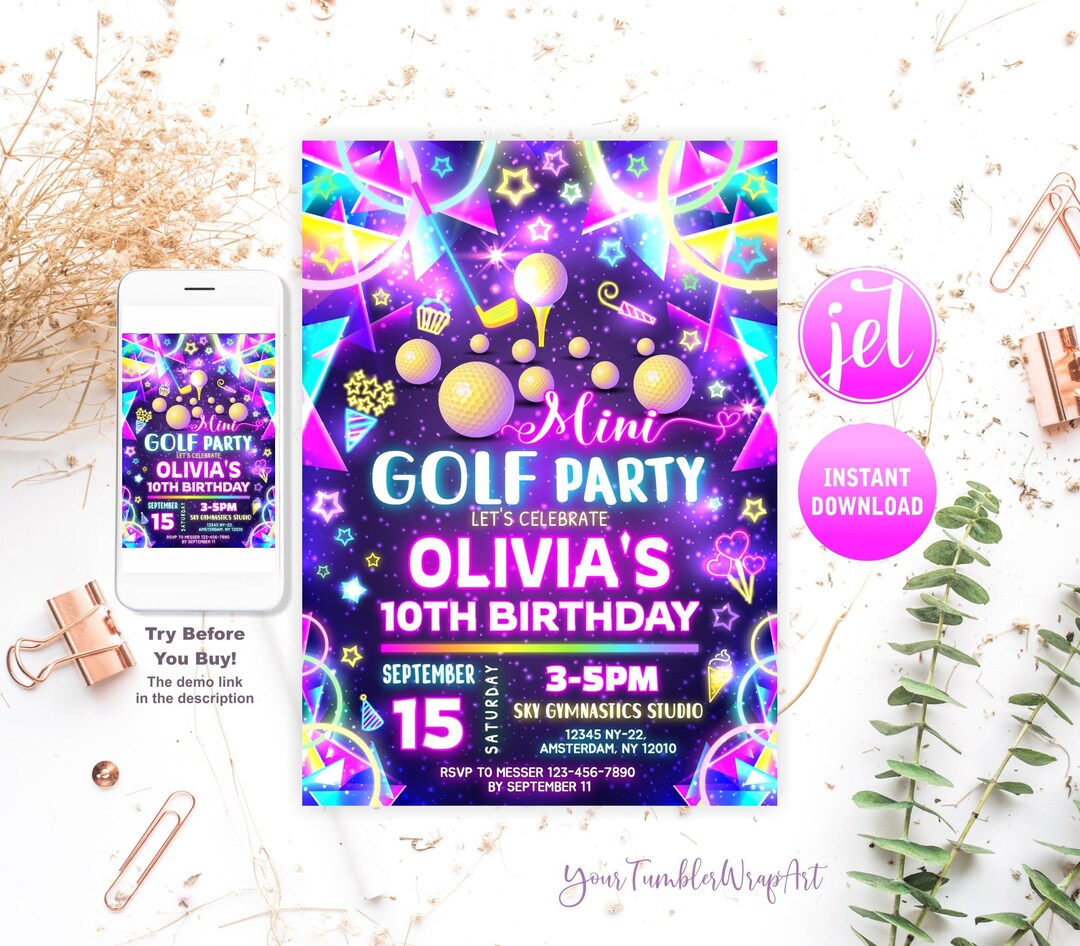 Mini Golf Birthday Invitation, Glow Girl Invite Pink Neon, Editable ...