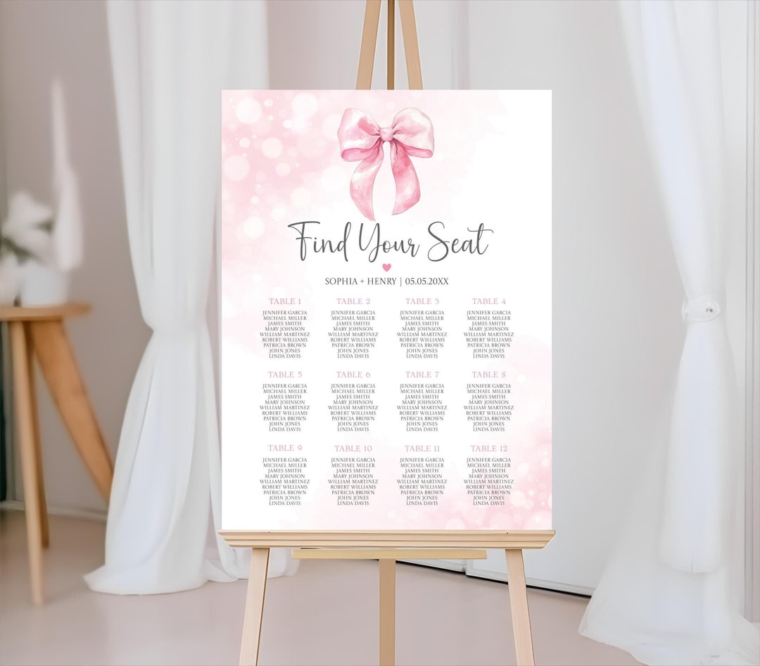 Editable Pink Bow Find Your Seat Sign, Bow Coquette Seating Chart Sign ...