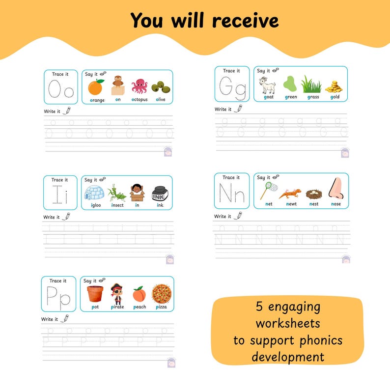Printable Phonics Worksheets Initial Sounds & Letter Tracing (instant ...
