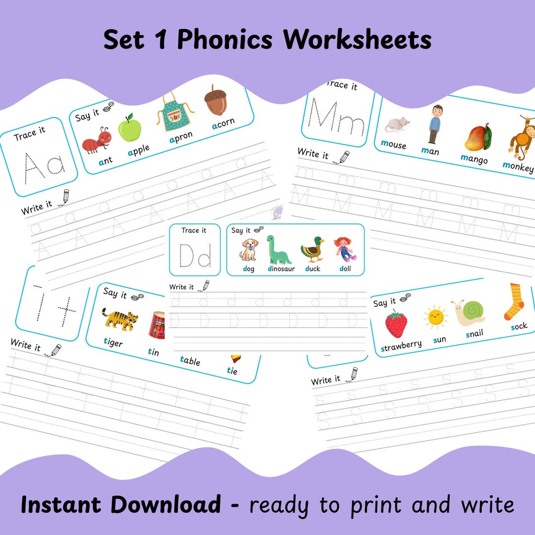 Printable Phonics Worksheets Set 1 Initial Sounds & Letter Tracing ...