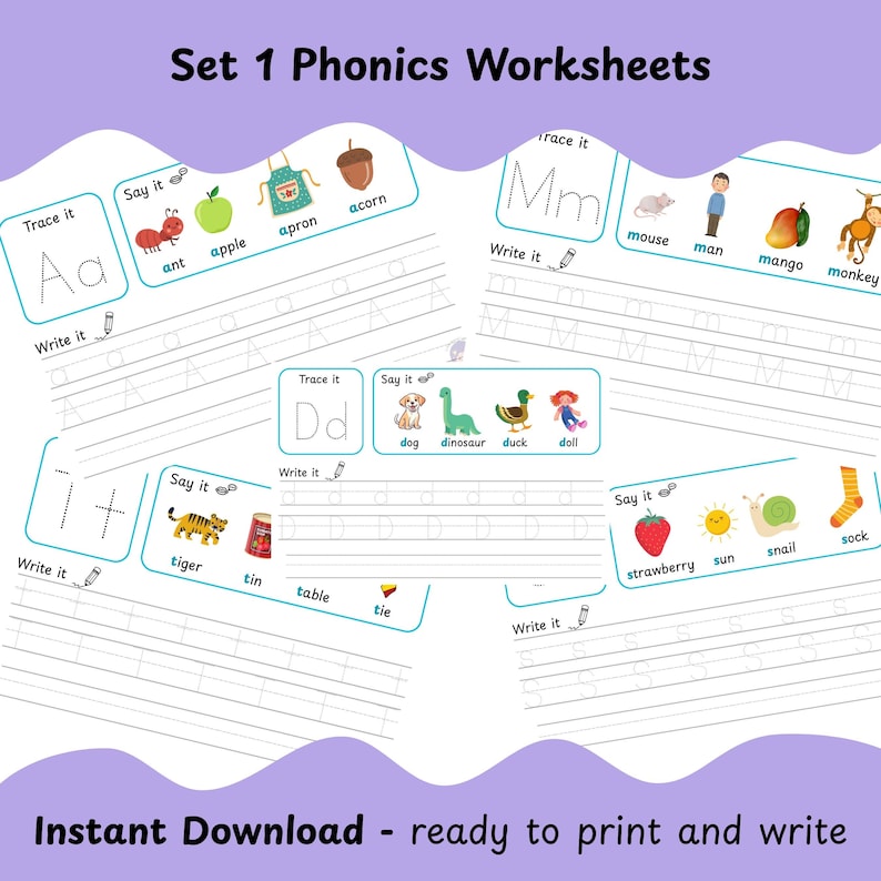 Printable Phonics Worksheets Set 1 Initial Sounds & Letter Tracing ...