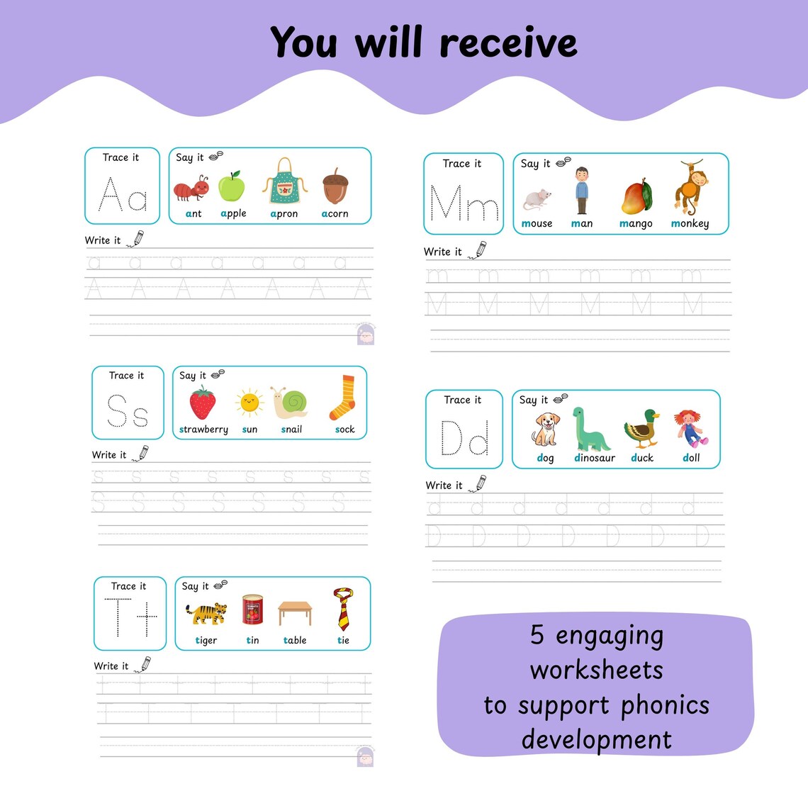 Printable Phonics Worksheets Set 1 Initial Sounds & Letter Tracing ...