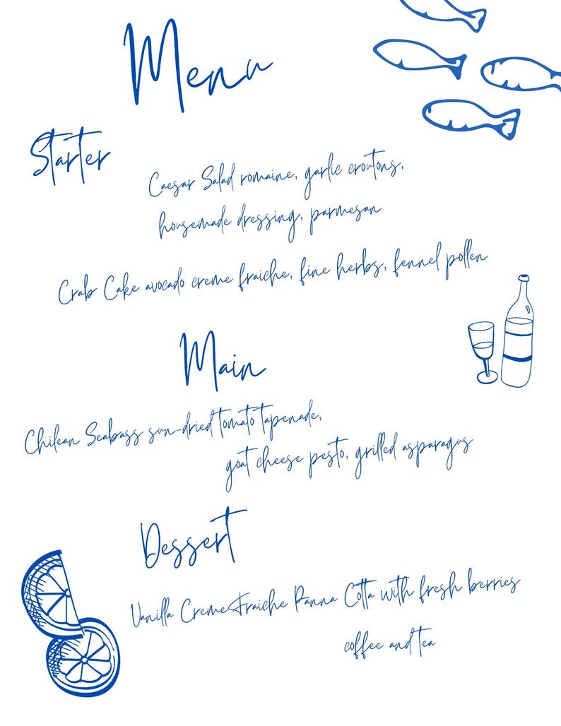 Coastal Dinner Menu Template, Wedding Menu Template, Coastal Wedding ...