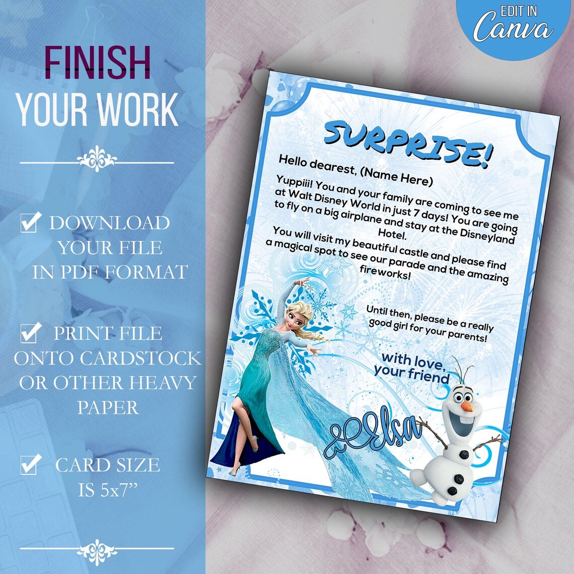 Editable Frozen Elsa Letter: Disneyland Trip Reveal (digital PDF ...