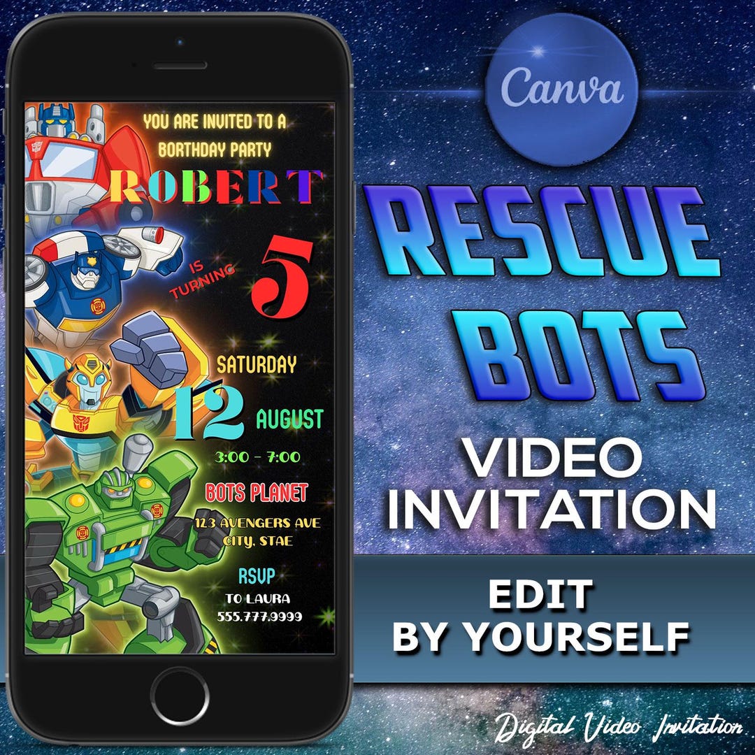 Rescue Bots Video Birthday Party Invite, Canva Editable Invitation ...