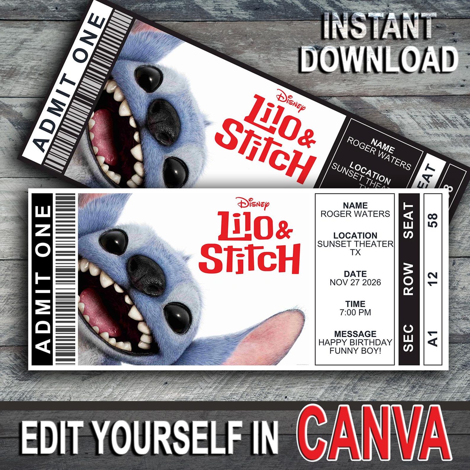 Editable Stitch Birthday Party Ticket Template (canva) - Etsy