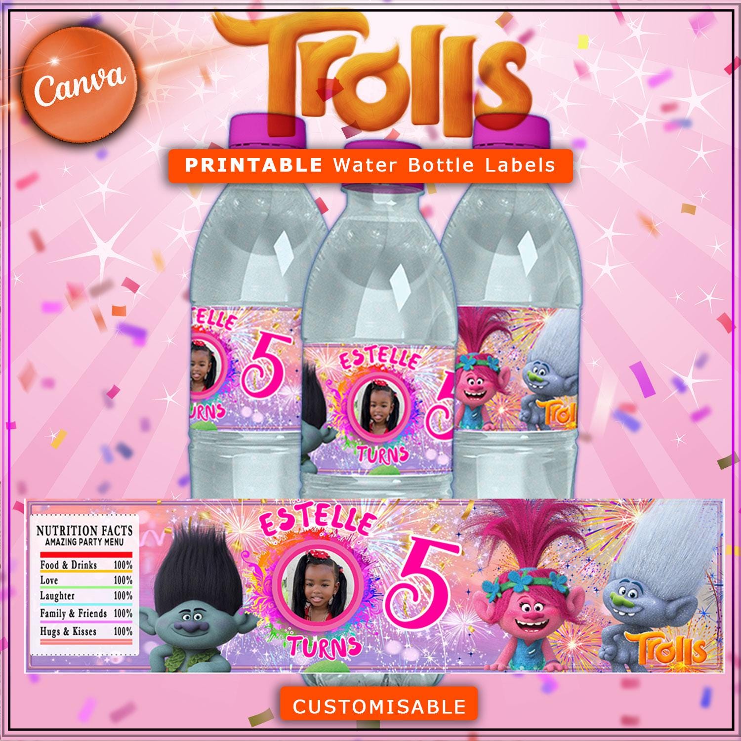 Trolls Birthday Party Labels Bundle: Editable Printable (canva Template ...