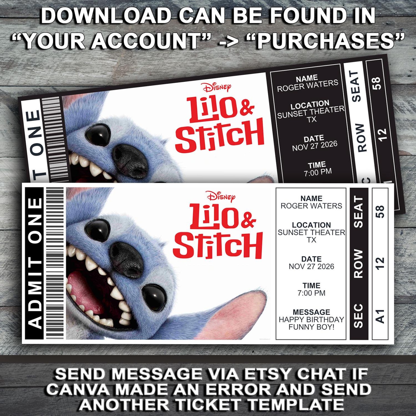 Editable Stitch Birthday Party Ticket Template (canva) - Etsy