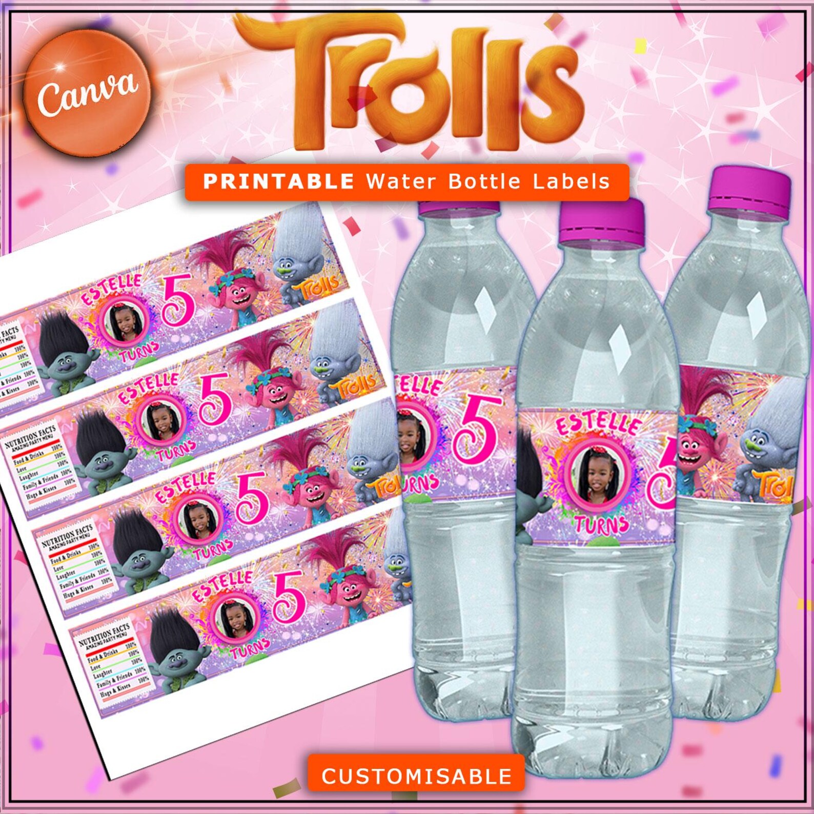 Trolls Birthday Party Labels Bundle: Editable Printable (canva Template ...