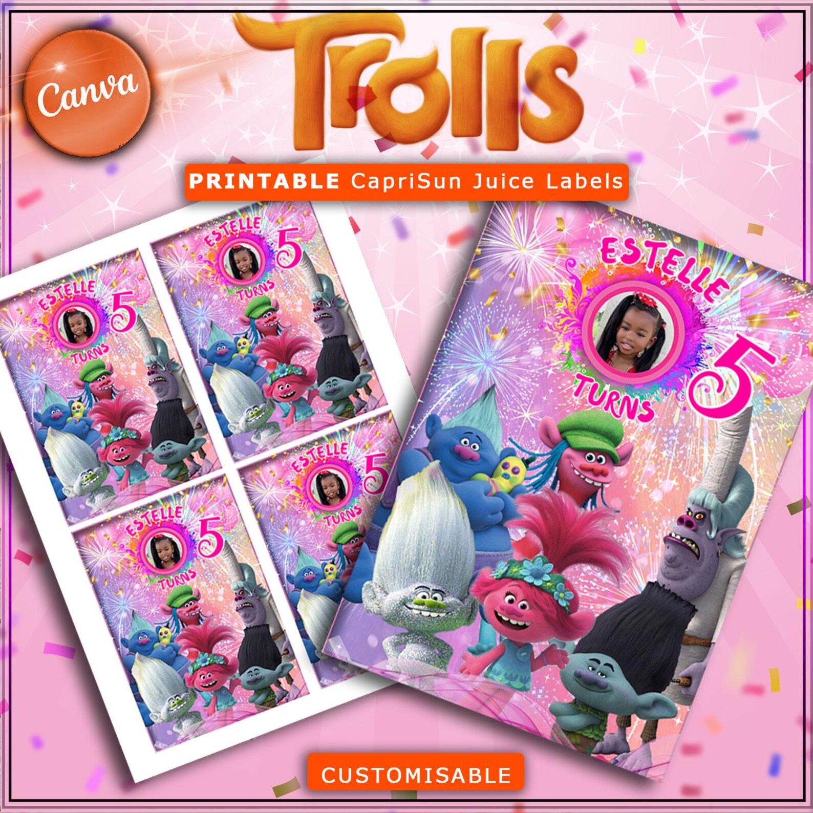 Trolls Birthday Party Labels Bundle: Editable Printable (canva Template ...
