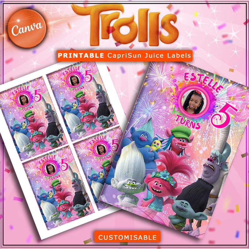 Trolls Birthday Party Labels Bundle: Editable Printable (canva Template ...